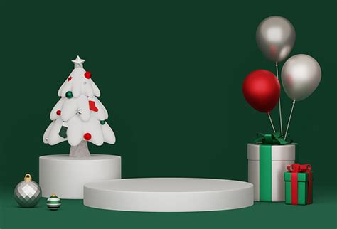 유토이미지 크리스마스 포디움 초록색 배경 무대와 풍선과 선물 상자들