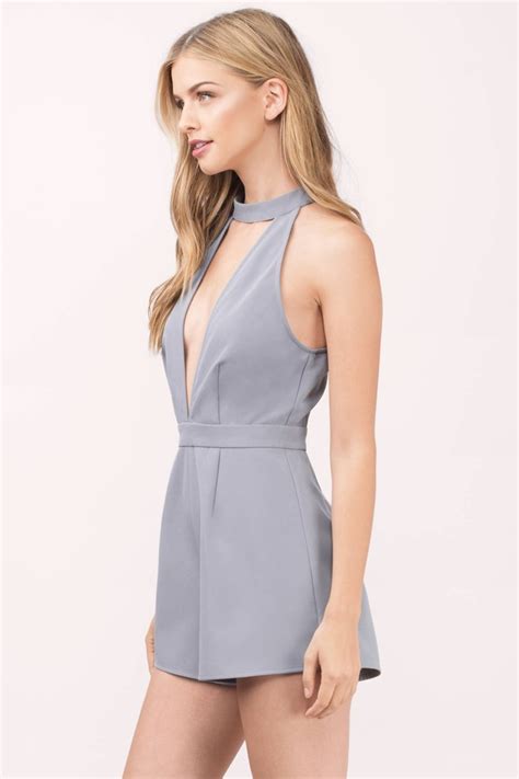 Grey Rompers Plunging Romper Grey Mock Neck Romper Sleeveless