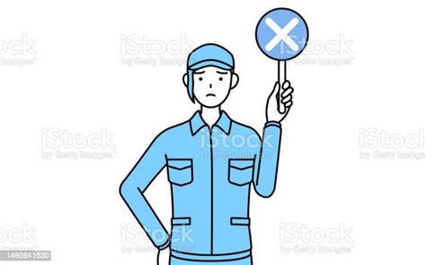 모자와 작업복을 입은 여자가 오답을 나타내는 X가 적힌 플래카드를 들고 있다 게임쇼 호스트에 대한 스톡 벡터 아트 및 기타 이미지 게임쇼 호스트 경기 참가자 경영자