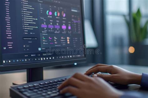 Call Center Agent Typing On Keyboard With Live Chat Interface And Performance Metrics Display