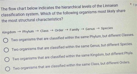 Solved The Flow Chart Below Indicates The Hierarchical Levels Of The Linnaean 1 P