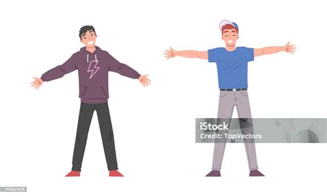 환영과 연대 제스처 벡터 세트로 넓은 팔을 벌려 서있는 쾌활한 청년 광대한에 대한 스톡 벡터 아트 및 기타 이미지 광대한