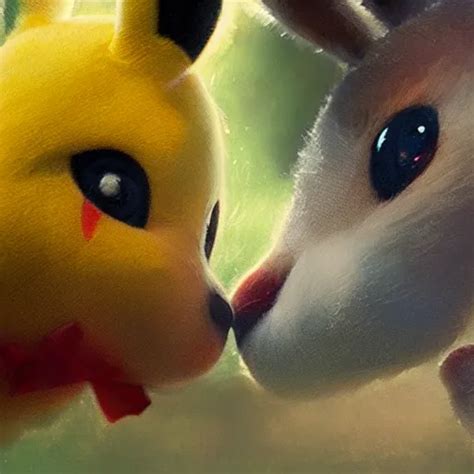 Close Up Of Pikachu And Eevee Kissing Cinematographic Stable Diffusion