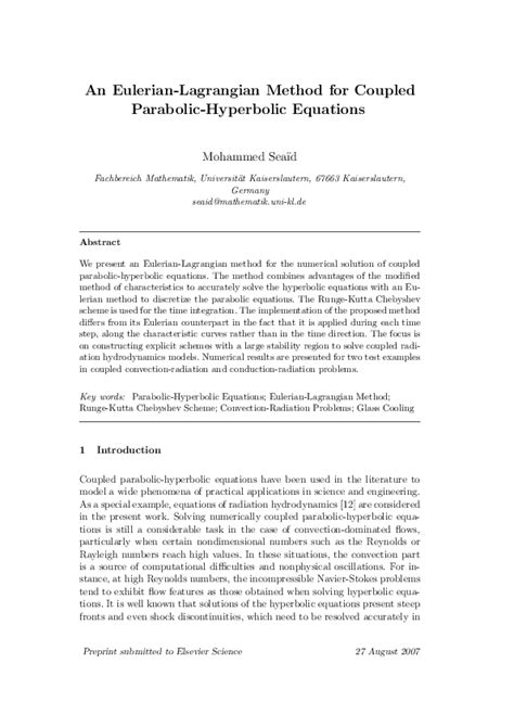 Pdf An Eulerianlagrangian Method For Coupled Parabolic Hyperbolic
