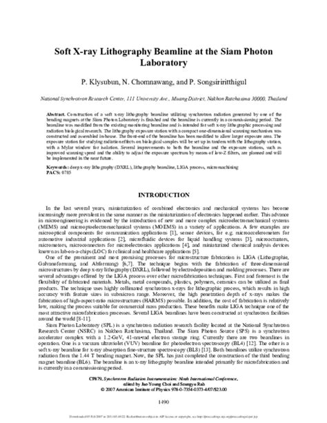 Pdf Soft X‐ray Lithography Beamline At The Siam Photon Laboratory