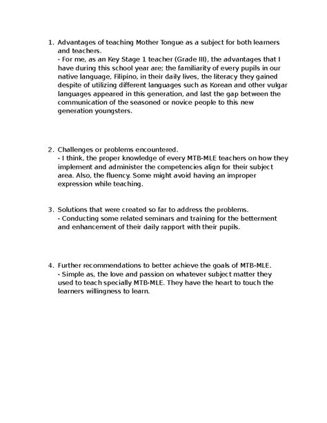 Learning Task 1 Advantages Of Teaching Mother Tongue As A Subject For