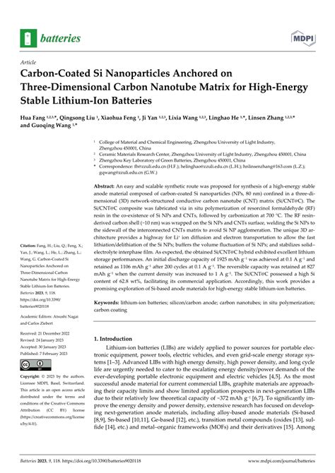 Pdf Carbon Coated Si Nanoparticles Anchored On Three Dimensional Carbon Nanotube Matrix For