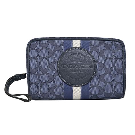Coach 蔻馳 單寧藍c Logo條紋織布圓標拉鍊手掛化妝包 Pchome 24h購物