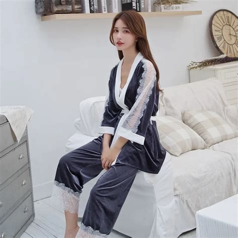 Julys Song зимняя одежда для сна женская пижама набор сексуальные кружевные 3 штуки бархатные