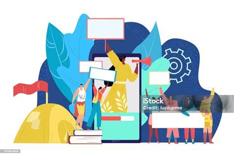 만화 스마트폰의 여성 시위 벡터 일러스트레이션의 활동가 거대한 모바일 화면 근처 여성 남성 캐릭터 인종차별에 대한 스톡 벡터 아트 및 기타 이미지 Istock