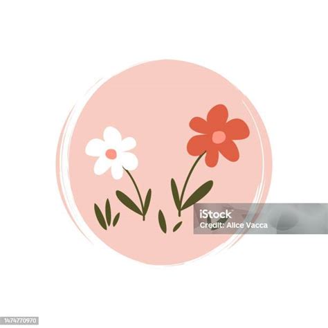 소셜 미디어 스토리 및 하이라이트를 위해 브러시 질감이 있는 원에 흰색과 빨간색 데이지 꽃 그림이 있는 귀여운 로고 또는 아이콘 벡터 0명에 대한 스톡 벡터 아트 및 기타