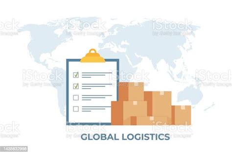 화물 물류 운송 개념 글로벌 물류 네트워크 체크리스트와 상자 더미가있는 클립 보드 배경에 세계지도 가져오기 내보내기 세계화물 운송 벡터 0명에 대한 스톡 벡터 아트 및 기타