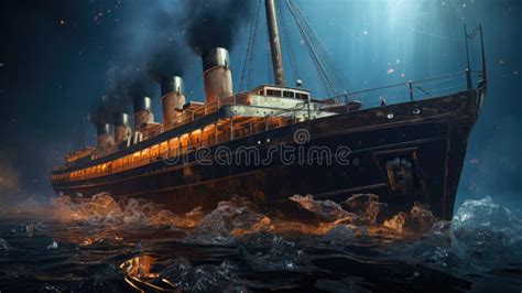 Титанический корабль попал в айсберг посреди океана ночью Иллюстрация штока иллюстрации