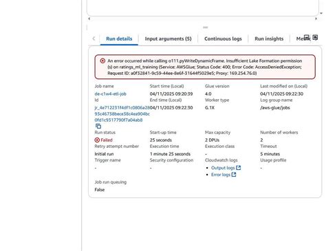 intro to data eng week 4 lab 3 aws glue error introduction to data