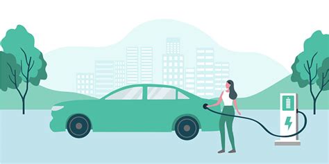 전기 자동차 Ev 자동차 개념 전기 충전 소에서 배터리를 충전 하는 여성 생태 환경을 위한 지속 가능한 녹색 및 청정 에너지 미래 형 운송 기술 교통수단에 대한 스톡 벡터
