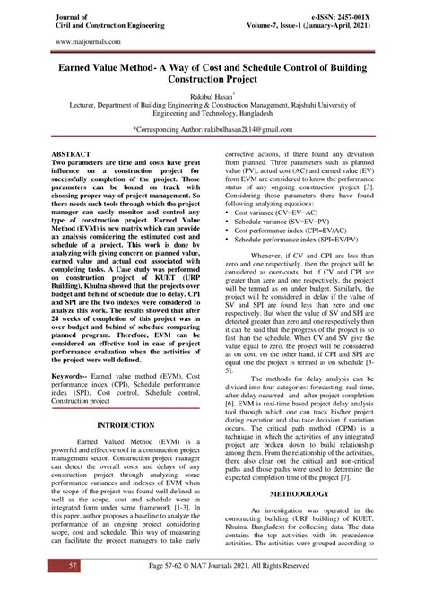 Pdf Earned Value Method A Way Of Cost And Schedule Control Of Building Construction Project