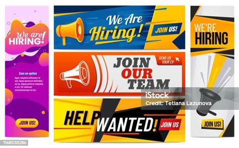 우리는 배너를 고용하고 있습니다 우리 팀에 가입 공석 홍보 배너 및 창조적 인 템플릿 벡터 일러스트 세트 를 고용 구인 중에 대한 스톡 벡터 아트 및 기타 이미지 Istock