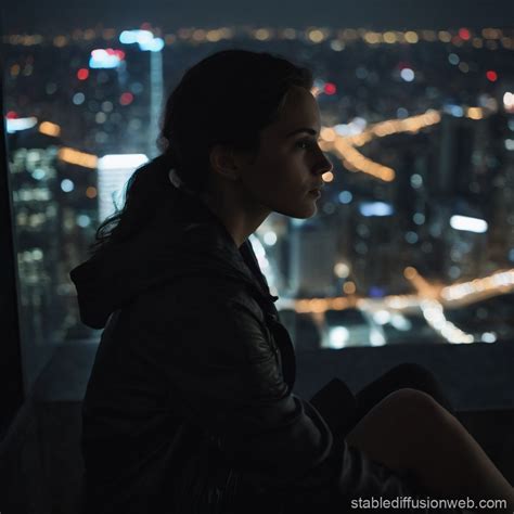 Lonely Woman In Futuristic High Rise Nighttime Stable Diffusion Online