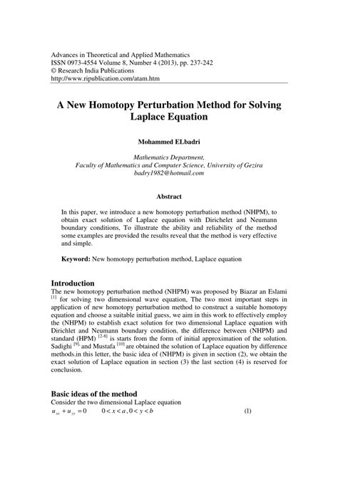 Pdf A New Homotopy Perturbation Method For Solving Laplace Equation