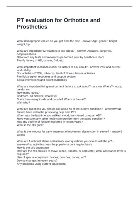 Pt Evaluation For Orthotics And Prosthetics Questions With Solutions