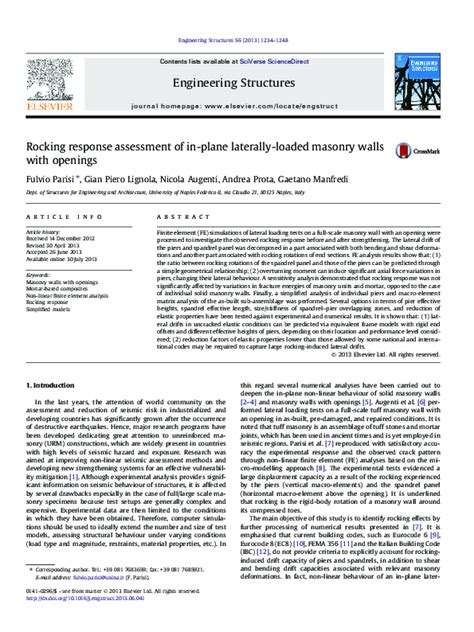 Pdf Rocking Response Assessment Of In Plane Laterally Loaded Masonry