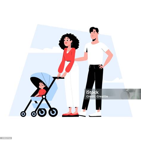 유모차에 아기와 함께 걷는 부모 가족 유대감 보육을 상징하는 평면 벡터 일러스트 레이 션 흰색 배경에 고립 된 가족에 대한 스톡 벡터 아트 및 기타 이미지 Istock