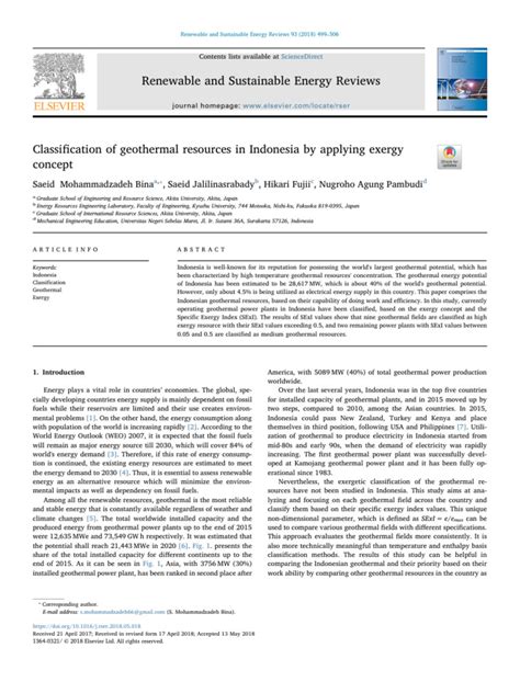 Classification Of Geothermal Resources In Indonesia By Applying Exergy Pdf Exergy