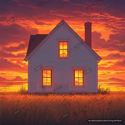 Ai创作图夕阳下的住宅 晚霞中草地木屋 晚霞的房子 日落下的住宅 夕阳下的房屋 夜幕下的房子 傍晚房子 晚上的家 晚上的创意家居场景 唯美房子