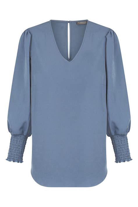 Cleo Blouse Denim V Neck Shirred Cuff Top Uniform Edit