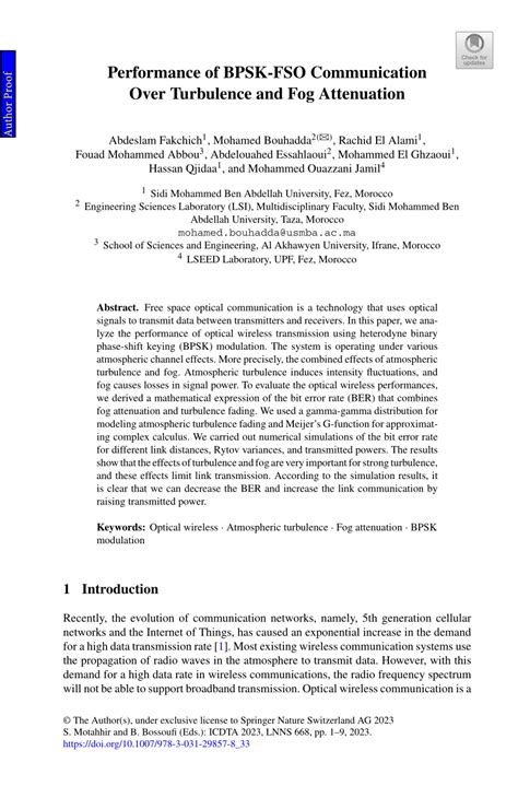 Pdf Performance Of Bpsk Fso Communication Over Turbulence And Fog Attenuation