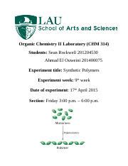 Lab 9 Synthetic Polymers 1 Docx Organic Chemistry II Laboratory CHM 314 Babes Sean
