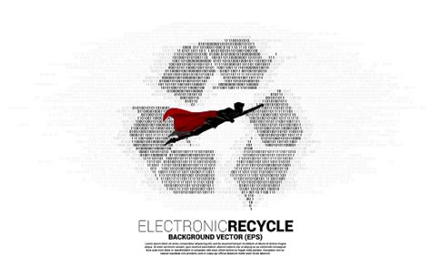 바이너리 코드에서 재활용 아이콘으로 날아 다니는 슈퍼 히어로 슈트에있는 남자의 실루엣 환경을 돌보고 저장하기위한 배경 0에 대한 스톡 벡터 아트 및 기타 이미지 Istock