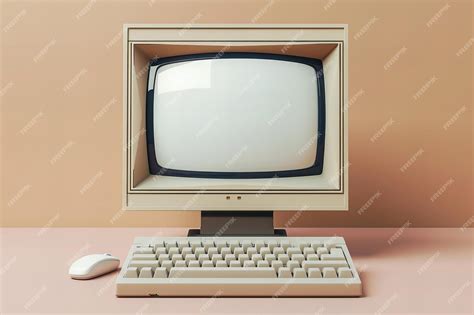 Vintage Computer With White Screen Keyboard And Mouse On Isolated Background Premium Ai