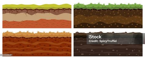 흙 토양 땅 지하층 풀과 바위가있는 땅 공룡 화석 지구 및 필드 게임 표면 가로 수평 테두리 벡터 만화 지질 표토 텍스처 세트 지하 위치 묘사에 대한 스톡 벡터 아트 및