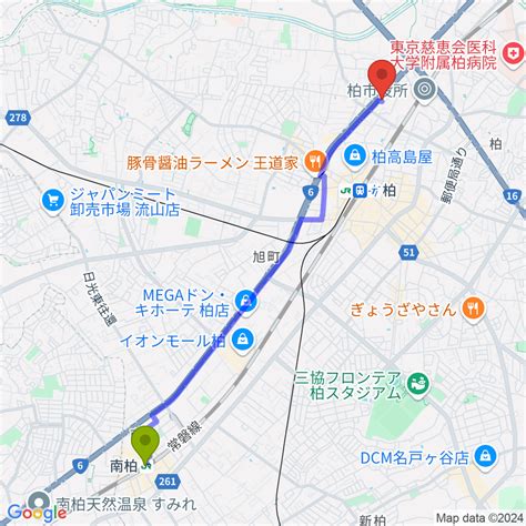 南柏駅から柏アライブへのルートマップ MDATA