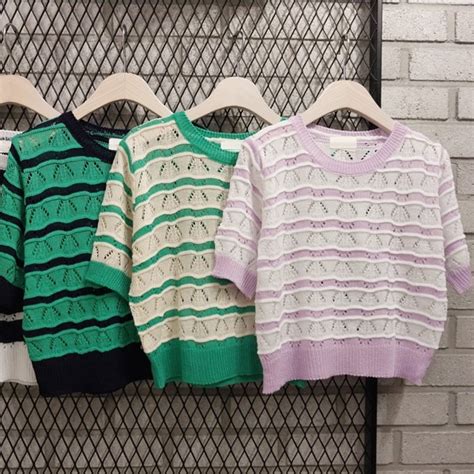 웨이브스카시 반팔니트여름니트티셔츠줄무늬스트라이프단가라펀칭시스루비침라운드넥반소매반팔니트티기본기장배색