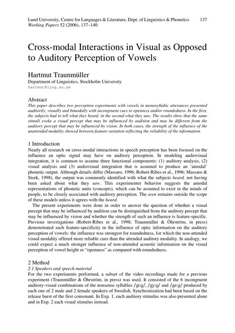 Pdf Cross Modal Interactions In Visual As Opposed To Auditory Perception Of Vowels