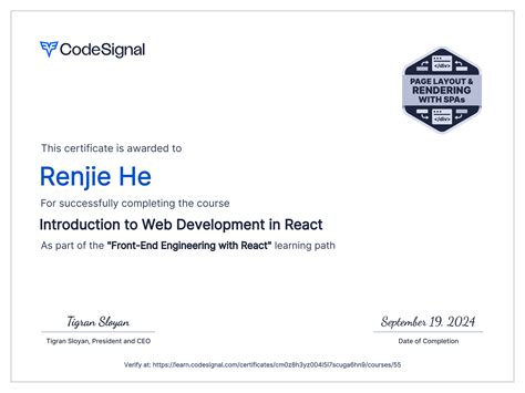 Course Certificate For Introduction To Web Development In React Codesignal Learn