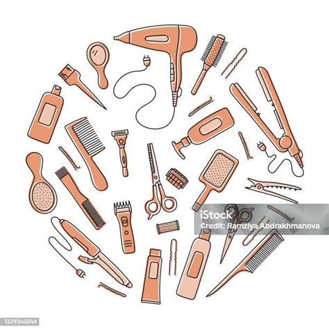 미용 도구 스케치 전문 헤어 드레서 장비 손으로 그린 낙서 벡터 일러스트레이션 이발소 기호 컬렉션 헤어드라이어 가위 빗 스트레이트너 및 컬링 미장원에 대한 스톡 벡터 아트