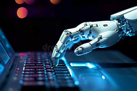 Artificial Intelligence Android Robot Hands Writing Text On Compurter