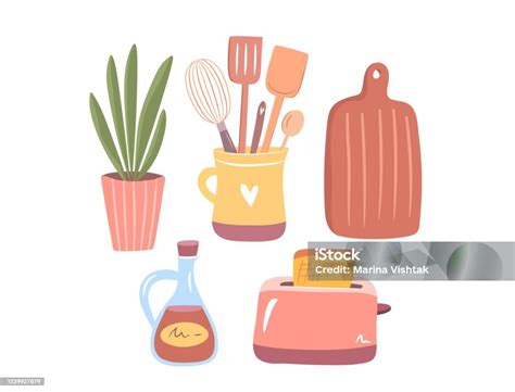 아늑한 주방용품 세트 고립 된 주방 도구 컬렉션 기구 토스터 도마 냄비 식물 플랫 스타일로 귀여운 손으로 그린 벡터 일러스트