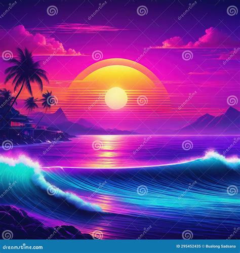 Synthwave Retro Synthwave Color Design Ocean Stock Illustration