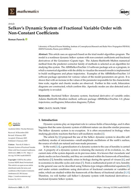 Pdf Selkovs Dynamic System Of Fractional Variable Order With Non Constant Coefficients