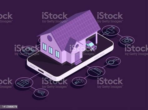 스마트 홈 기술 개념 아이소메트릭 벡터 일러스트레이션 국내 스마트 기기의 아이콘과 연결된 건물 시스템 지능형 주방용 기기에 대한 스톡 벡터 아트 및 기타 이미지 Istock