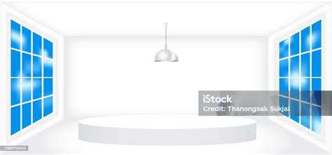 흰색 원형 무대가있는 빈 흰색 방 파란색 하늘 전망과 천장 조명 벡터 일러스트가있는 창 배경에 대한 추상 3d 내부 템플릿