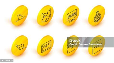 세트 라인 골동품 보물 상자 해적 눈 패치 나침반 알코올 음료 럼지도 및 상어 지느러미 바다 파도 아이콘 벡터 3차원 형태에 대한 스톡 벡터 아트 및 기타 이미지 Istock