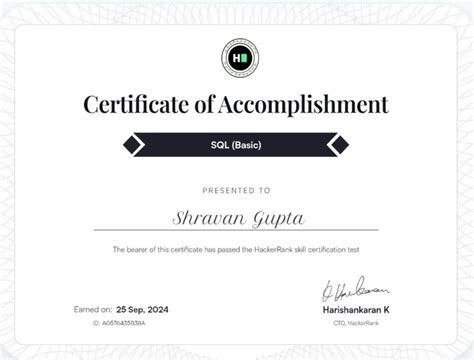 Sql Hackerrank Dataanalysis Continuouslearning Certification Shravan Gupta