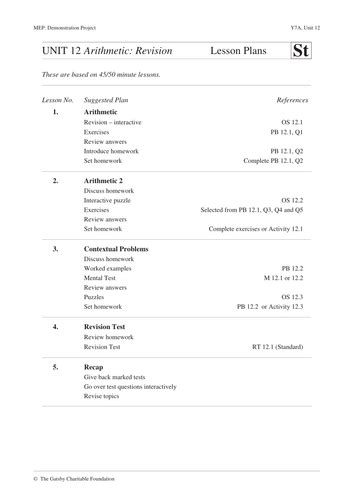 Ks3 Arithmetic Revision Mep Year 7 Unit 12 Teaching Resources