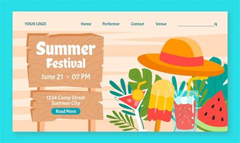 여름 시즌 플랫 방문 페이지 템플릿 무료 벡터