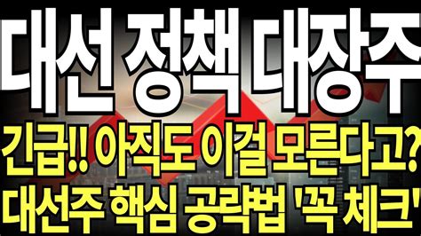 대선 정책 대장주 긴급 아직도 이걸 모른다고 대선주 핵심 공략법 꼭 체크 대선관련주 대선대장주 정책관련주 정치테마주 목표가 Feat 주도주연구소 광수